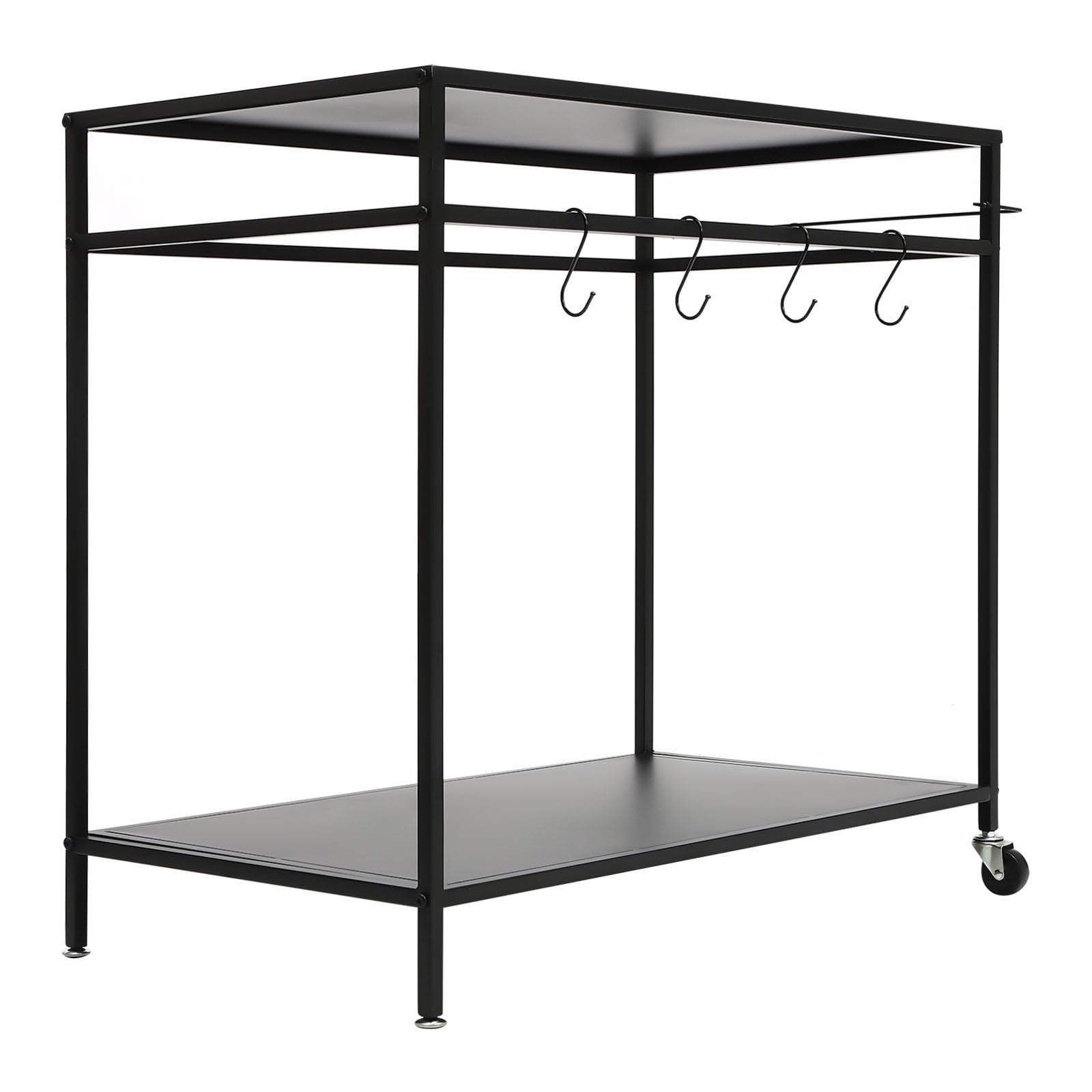 Mobile Double-Shelf Outdoor Grill Cart, Portable Dining Cart Table with Hooks and Handles, Steel Pipe Dining Table for Pizza Oven, Portable Grill Table with Storage Space, Black