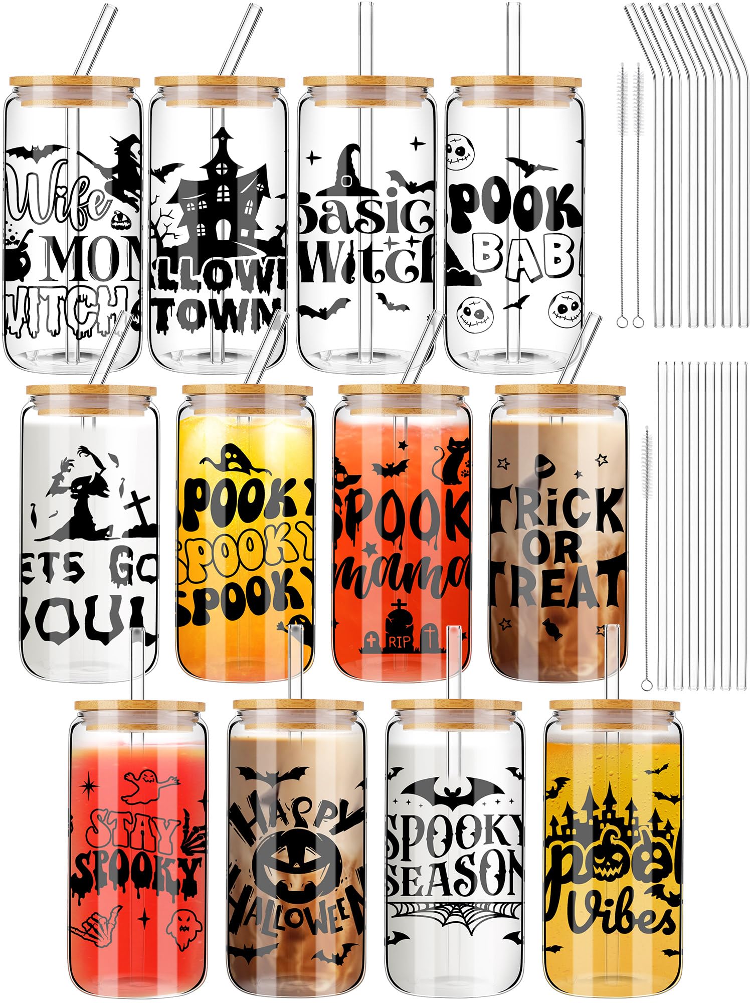 Umigy 12 Pcs Halloween Cups 16oz Halloween Mason Jar with Lid Straw Halloween Tumbler Ghost Iced Coffee Cups Beer Glassware Cookie Jar Gift Drinking Water Bottles Halloween Decoration (Retro Style)