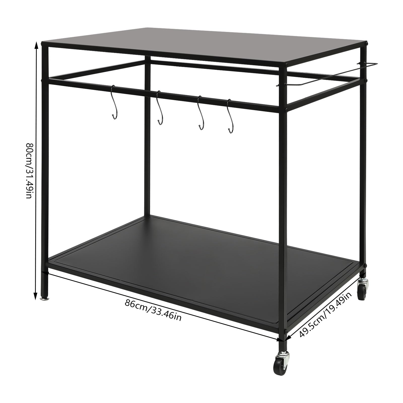 Mobile Double-Shelf Outdoor Grill Cart, Portable Dining Cart Table with Hooks and Handles, Steel Pipe Dining Table for Pizza Oven, Portable Grill Table with Storage Space, Black