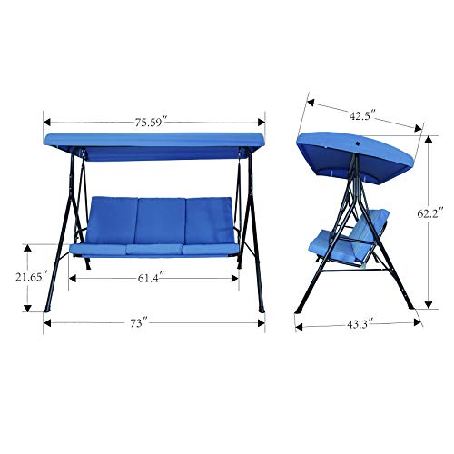 Homebeyond 3 Seater Outdoor Patio Swing | Rust and Fade Resistant Steel Frame with Adjustable Tilt Canopy | Perfect for Garden Backyard or Poolside - SW-3B