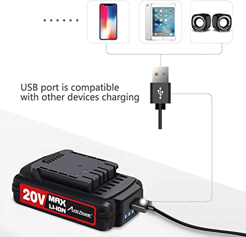Avid Power 20V MAX Lithium Ion Rechargeable Battery with Real-time Capacity Indicator and USB Output, Only Compatible 20V Cordless Tools