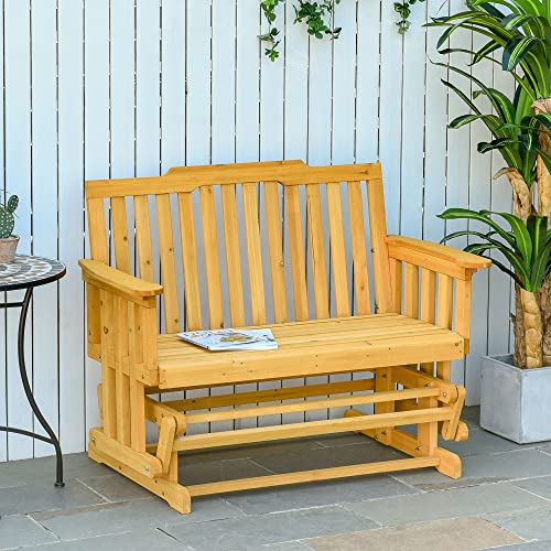Outsunny 2-Person Outdoor Glider Bench, Wood, Quick Drying, Wide Armrest, Rocking Chair Loveseat for Backyard Garden Porch, Natural