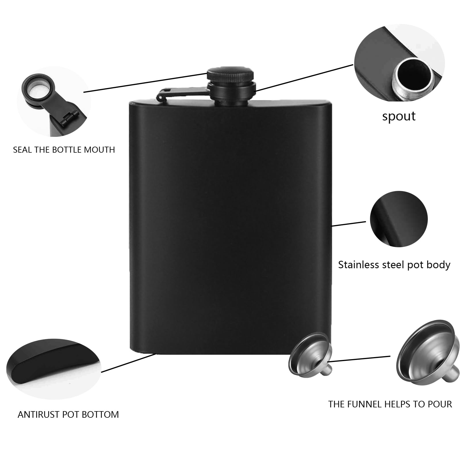 COOAK 3 Pack Hip Flasks for Liquor, Stainless Steel Leakproof Thin Flasks, 6 Oz, 8 Oz, 12 Oz with Funnel(Black)
