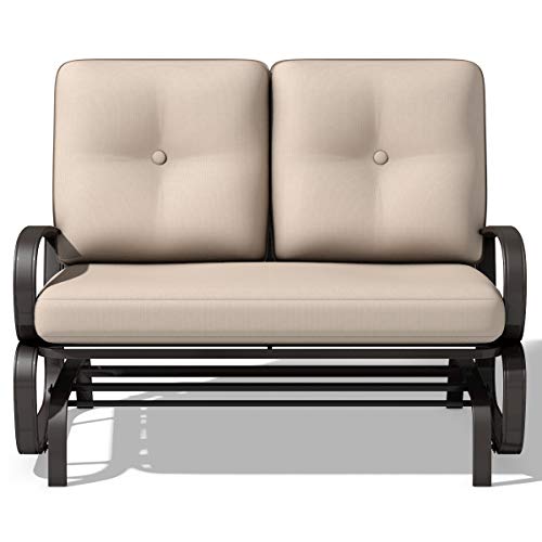 Giantex Outdoor Glider Bench, Patio 2 Person Loveseat with Removable Cushion, Thick Padded Seat, Stable Steel Frame, Outside Glider Swing Chair for Deck, Poolside, Yard, Balcony, Porch Glider(Beige)
