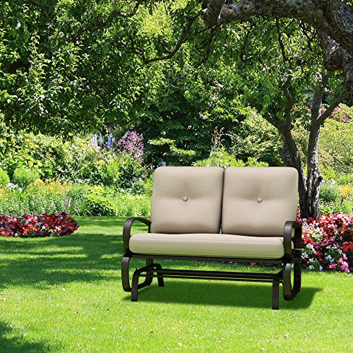 Giantex Outdoor Glider Bench, Patio 2 Person Loveseat with Removable Cushion, Thick Padded Seat, Stable Steel Frame, Outside Glider Swing Chair for Deck, Poolside, Yard, Balcony, Porch Glider(Beige)