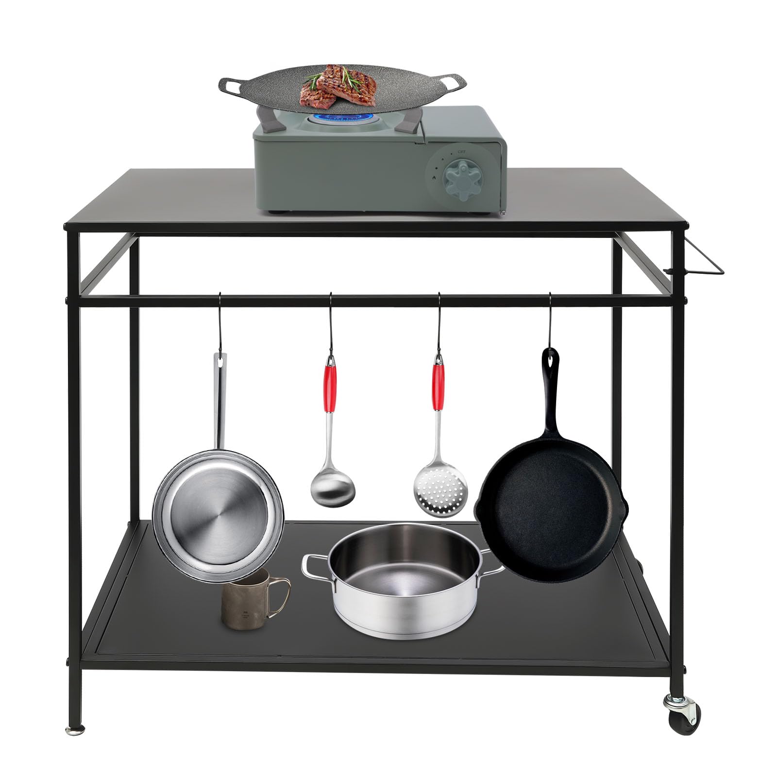Mobile Double-Shelf Outdoor Grill Cart, Portable Dining Cart Table with Hooks and Handles, Steel Pipe Dining Table for Pizza Oven, Portable Grill Table with Storage Space, Black