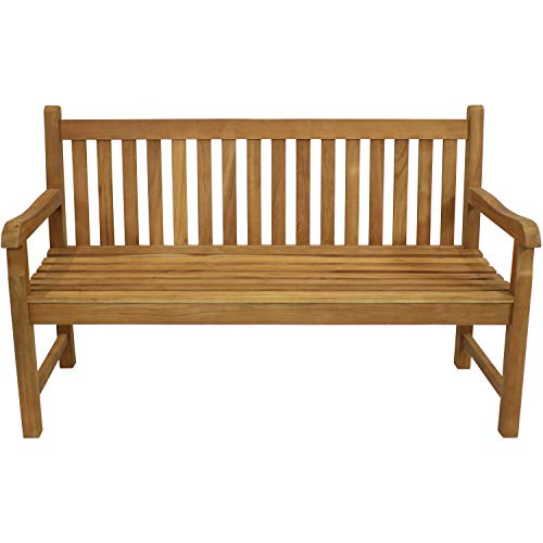 Sunnydaze Solid Teak Outdoor Bench - Light Brown Wood Stain Finish - Mission Style - 59 Inches Long - Patio, Deck, Lawn, Garden, Terrace or Backyard