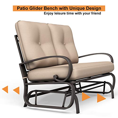 Giantex Outdoor Glider Bench, Patio 2 Person Loveseat with Removable Cushion, Thick Padded Seat, Stable Steel Frame, Outside Glider Swing Chair for Deck, Poolside, Yard, Balcony, Porch Glider(Beige)