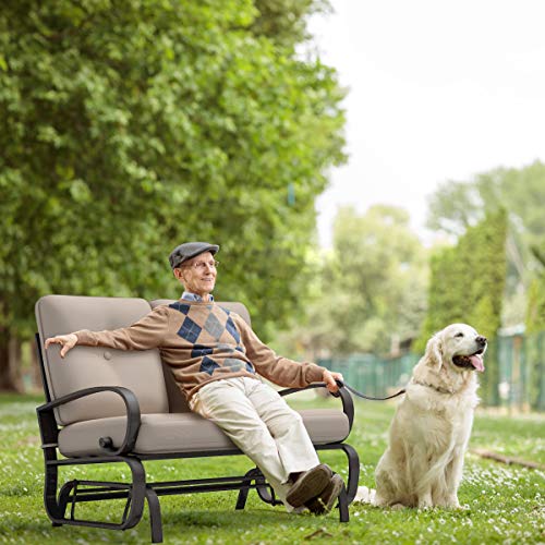 Giantex Outdoor Glider Bench, Patio 2 Person Loveseat with Removable Cushion, Thick Padded Seat, Stable Steel Frame, Outside Glider Swing Chair for Deck, Poolside, Yard, Balcony, Porch Glider(Beige)