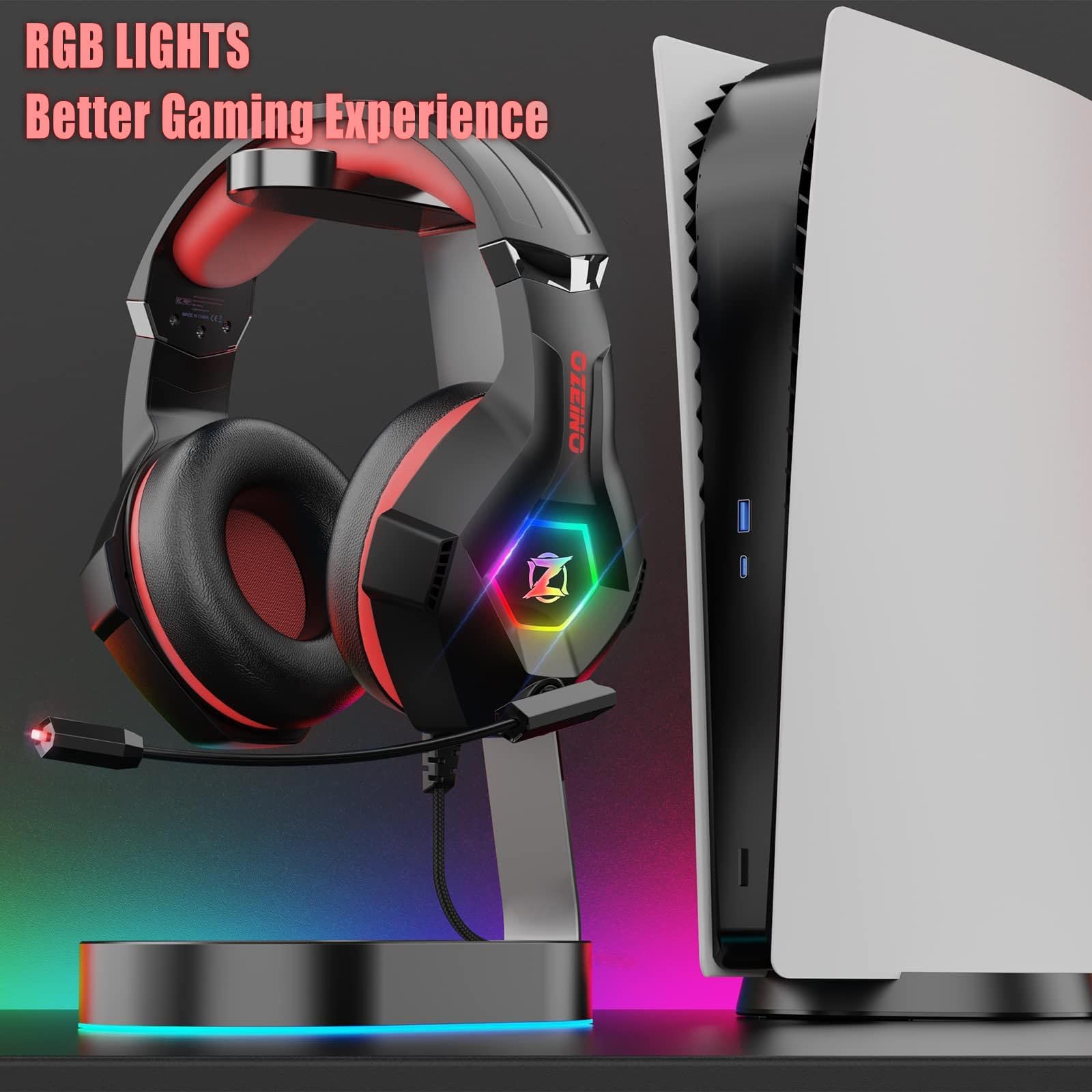 Ozeino Gaming Headset for PC, Ps4, Ps5, Xbox Headset with 7.1 Surround Sound, Gaming Headphones with Noise Cancelling Mic RGB Light Over Ear Headphones for Xbox Series X/S, Switch -Red