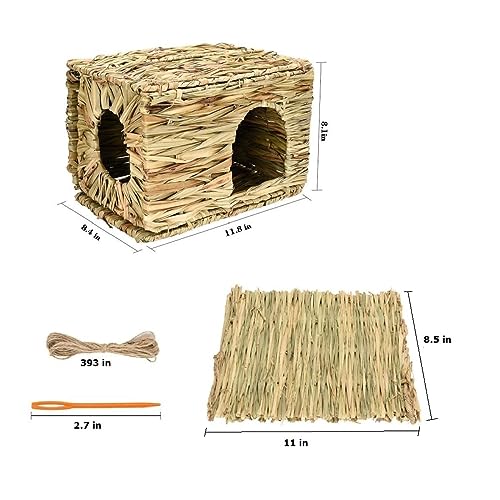 Grass House for Rabbits (1pc) and Grass mat for Rabbit Bunny(2pcs) Sangle Sopffy, Hand Woven Straw Hut, Small Animal Cages Hay Mat for Guinea Pig Parrot Rabbit Bunny Hamster Chinchilla Squirrel…