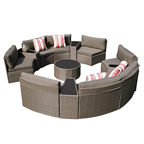 SUNSITT Patio Furniture Set 13-Piece Round Sectional Sofa Patio Furniture Wicker Sofa with 4 Side Tables and 4 Pillows for Patio, Yard, Garden or Backyard (Grey Brown)