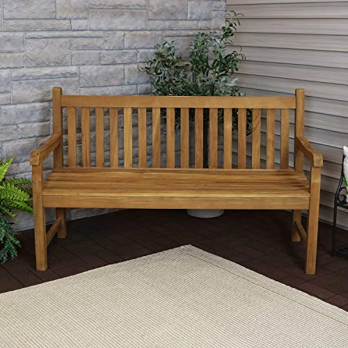 Sunnydaze Solid Teak Outdoor Bench - Light Brown Wood Stain Finish - Mission Style - 59 Inches Long - Patio, Deck, Lawn, Garden, Terrace or Backyard
