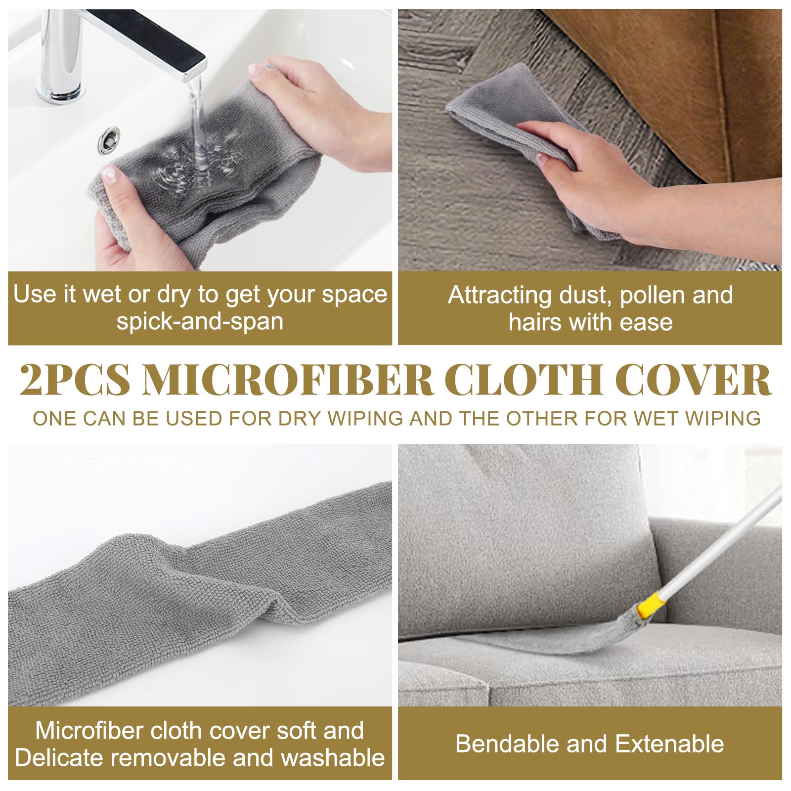 Retractable Gap Dust Cleaner with 71" Extension Long Handle, Under Fridge Cleaning Tool with 3 Washable Microfiber Dusting Cloths, Gap Dusters for Cleaning Under Appliance Refrigerator Furniture Couch