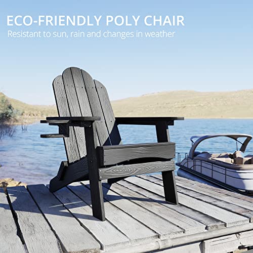 LUE BONA Folding Adirondack Chair Set of 4, Black Poly Fire Pit Adirondack Chair Weather Resistant, Modern Plastic Adirondack Patio Chairs with Cup Holder, 320LBS, Outdoor Chairs for Pool Porch Beach