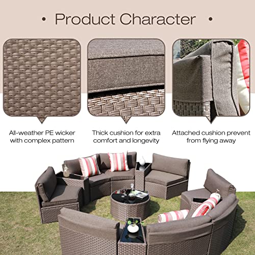 SUNSITT Patio Furniture Set 13-Piece Round Sectional Sofa Patio Furniture Wicker Sofa with 4 Side Tables and 4 Pillows for Patio, Yard, Garden or Backyard (Grey Brown)