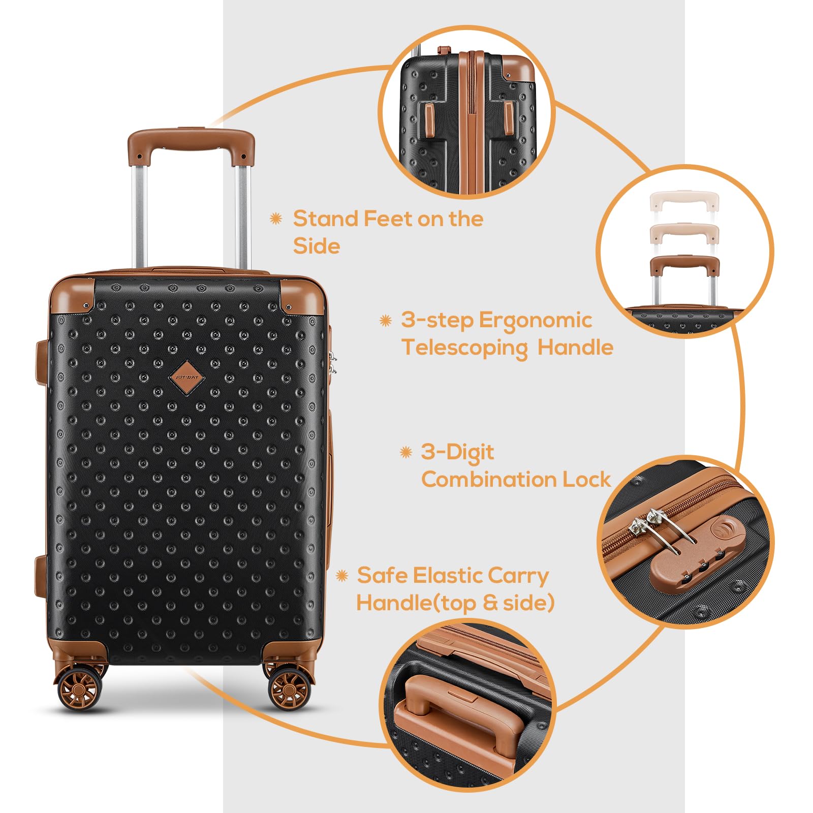 Joyway Carry on Luggage 20 Inch Suitcase Set 3 Piece with Spinner Wheels,Hardside Carry on suitcase 22x14x9 Airline Approved with Combination Lock(20-Inch, Black Brown)