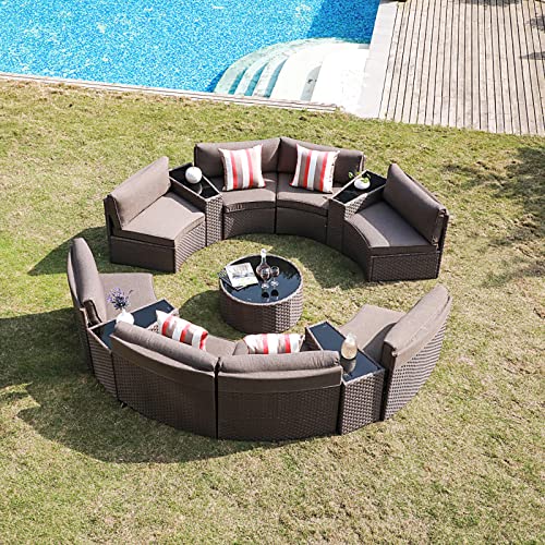 SUNSITT Patio Furniture Set 13-Piece Round Sectional Sofa Patio Furniture Wicker Sofa with 4 Side Tables and 4 Pillows for Patio, Yard, Garden or Backyard (Grey Brown)