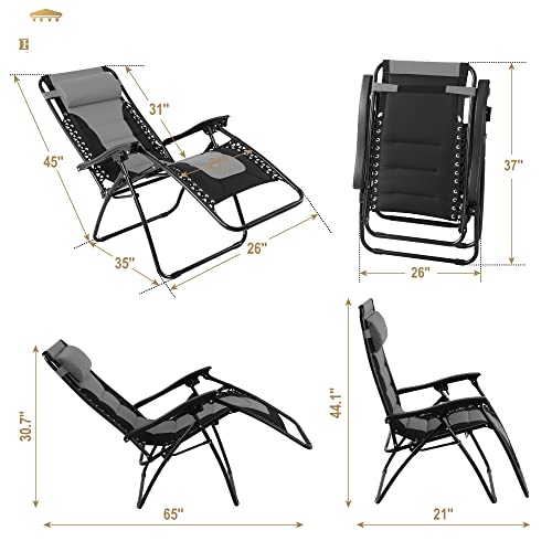 HERA'S PALACE Outdoor Folding Reclining Lawn Chair, Adjustable Zero Gravity Lounge Chair XL with Pillow and Cup Holder for Indoor, Patio, Support 300lbs (Gray & Black)