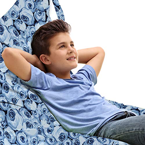 Lunarable Blue Floral Lounger Chair Bag, Romantic Pattern with Rose in Hand Drawn Style Spring Garden Theme, High Capacity Storage with Handle Container, Lounger Size, Dark Blue and Pale Blue