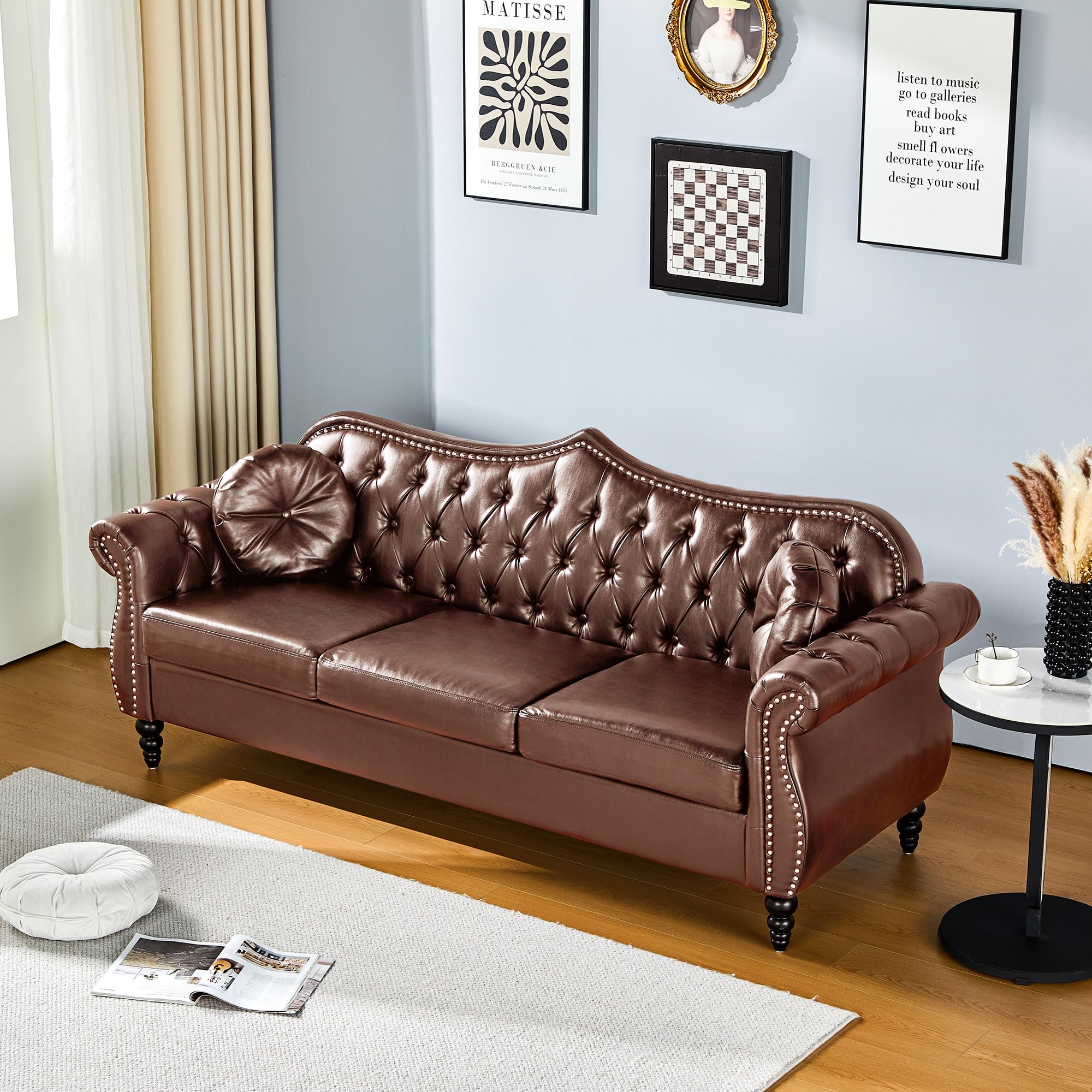 AVZEAR 82" Three Seater Sofa, Chesterfield Sofa, Mid-Century Modern PU Upholstered Sofa, Deep Button Tufted Living Room Sofa with Two Throw Pillows, Brown