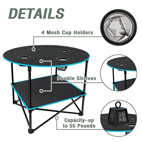LESES Folding Camping Table Portable Picnic Table Tailgating Table with 4 Cup Holders and Storage Bag for Fishing,Beach,Outdoors,Picnic and Hiking (Black&Blue)