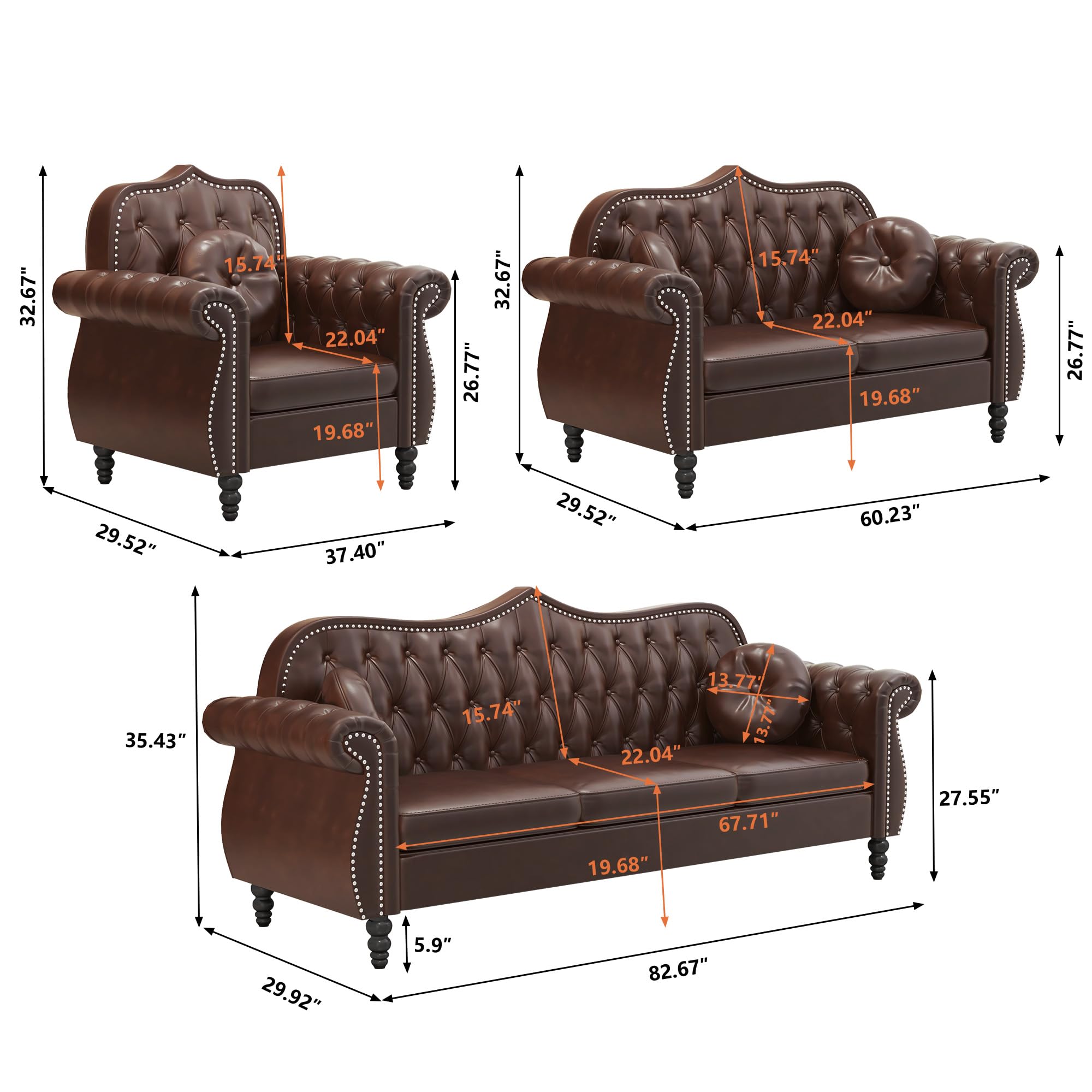 AVZEAR 82" Three Seater Sofa, Chesterfield Sofa, Mid-Century Modern PU Upholstered Sofa, Deep Button Tufted Living Room Sofa with Two Throw Pillows, Brown