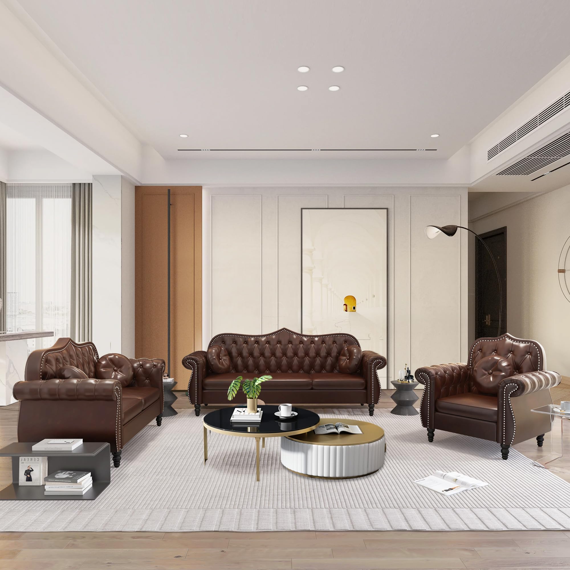 AVZEAR 82" Three Seater Sofa, Chesterfield Sofa, Mid-Century Modern PU Upholstered Sofa, Deep Button Tufted Living Room Sofa with Two Throw Pillows, Brown