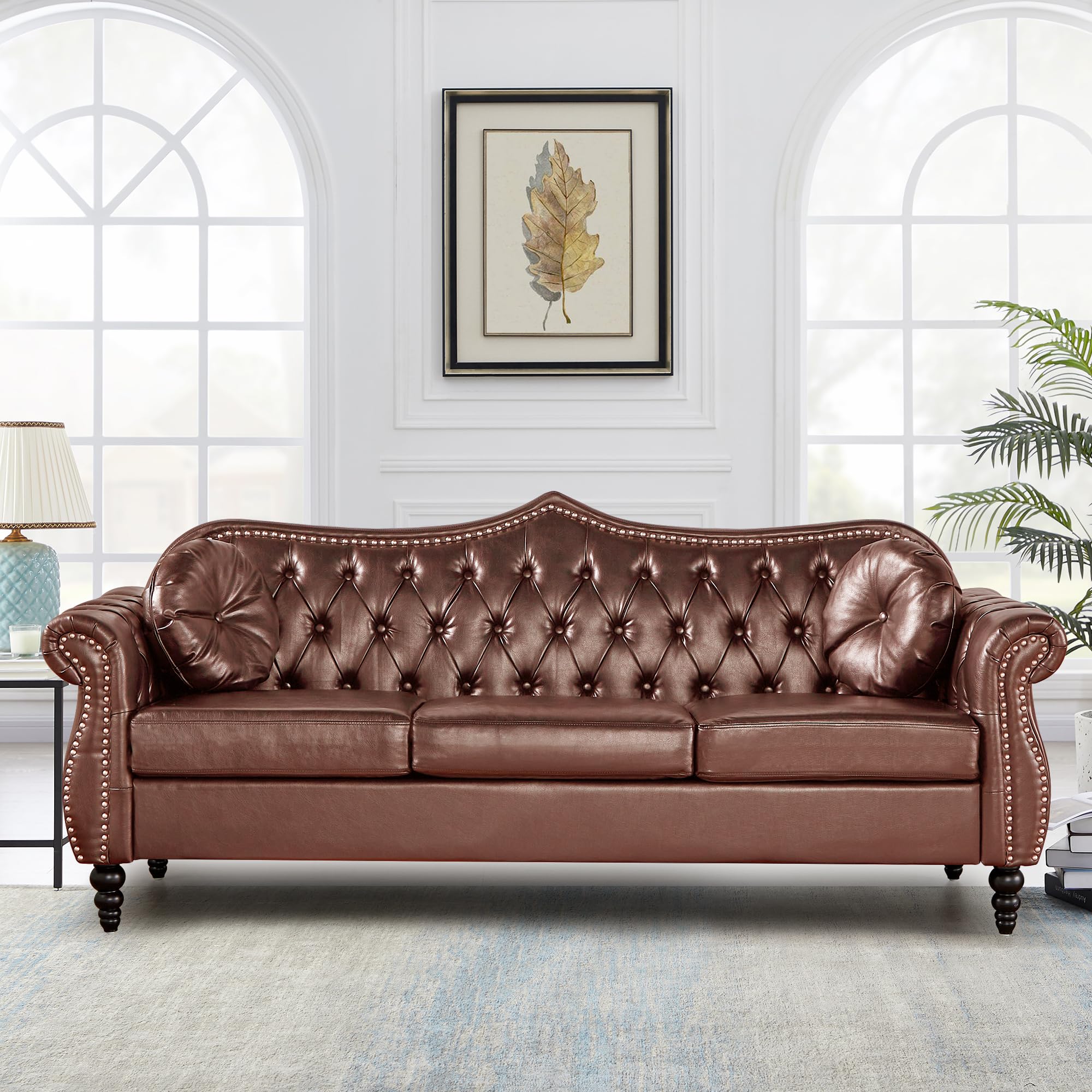 AVZEAR 82" Three Seater Sofa, Chesterfield Sofa, Mid-Century Modern PU Upholstered Sofa, Deep Button Tufted Living Room Sofa with Two Throw Pillows, Brown