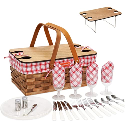 Woodchip Picnic Basket for 4 with Portable Wine Table, Woven Basket with Double Swing Handles & Removable Cutlery Service Kit, Large Basket for Picnic, Camping, Family, Wedding Gifts for Couple,Red