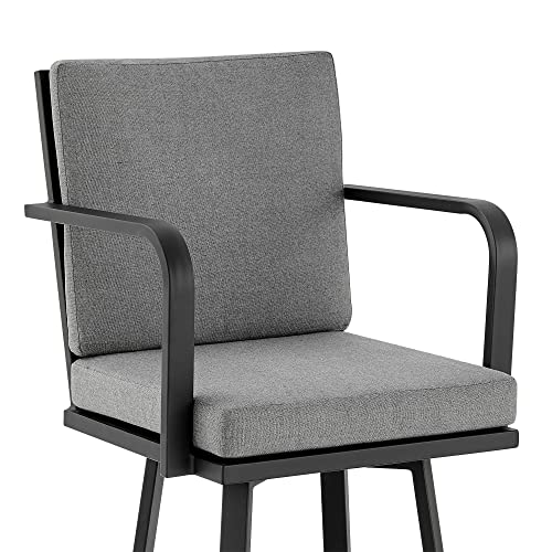 Don 30" Outdoor Patio Bar Stool in Black Aluminum with Grey Cushions