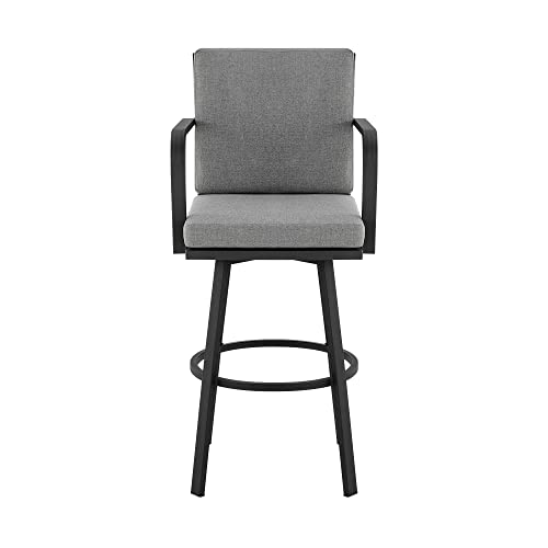 Don 30" Outdoor Patio Bar Stool in Black Aluminum with Grey Cushions