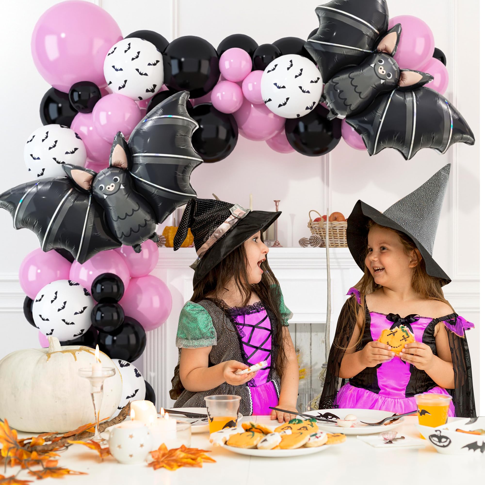 HOUSE OF PARTY Halloween Bat Balloon Garland Kit, 18/12/10/5 inch Black Pink White Balloons Arch with 2 Pcs 40'' Large Bat Foil Balloon, Bat Latex Balloons for Indoor Halloween Party Decorations