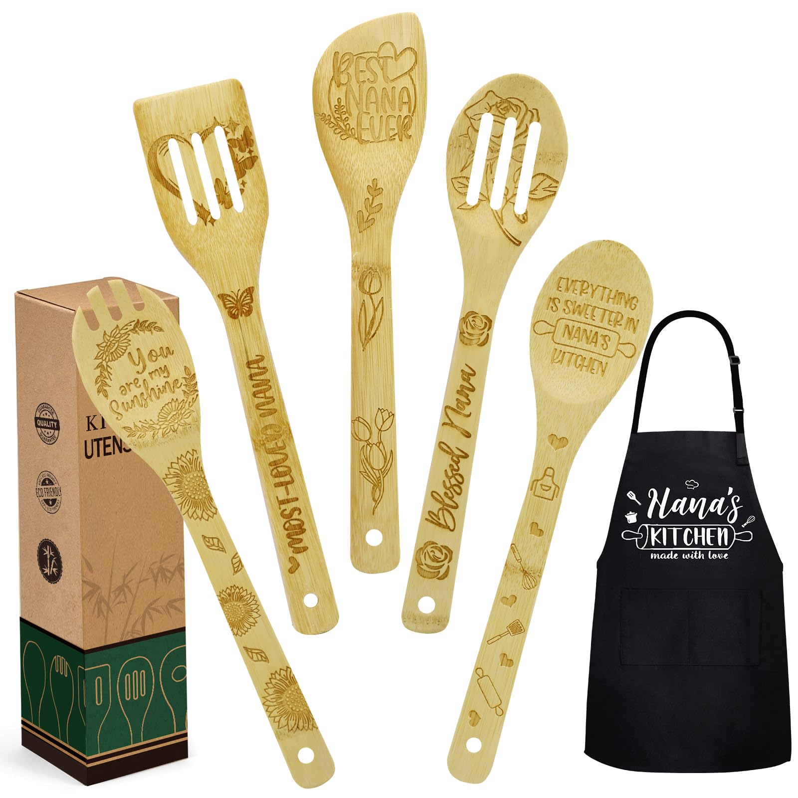Christmas Day Gifts for Men Women Birthday Gift, Wooden Cooking Spoons Bamboo Kitchen Cooking Utensils Set with Apron Oven Mitt Potholder Set, Kitchen Cookware Gifts for Cooking Lovers