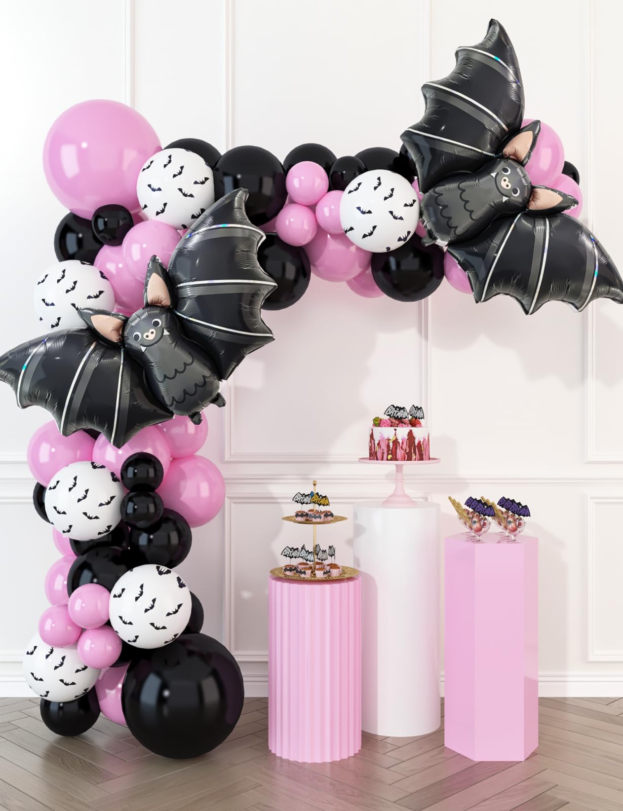 HOUSE OF PARTY Halloween Bat Balloon Garland Kit, 18/12/10/5 inch Black Pink White Balloons Arch with 2 Pcs 40'' Large Bat Foil Balloon, Bat Latex Balloons for Indoor Halloween Party Decorations