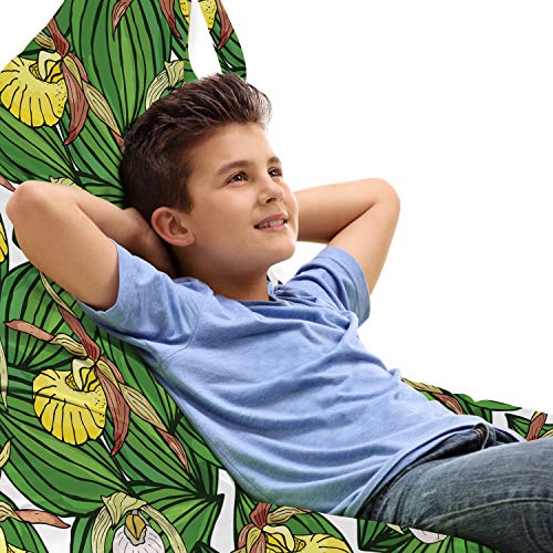 Lunarable Gardening Lounger Chair Bag, Detailed Illustration of Paphiopedilum Type of Orchids with Giant Lobed Leaves, High Capacity Storage with Handle Container, Lounger Size, Multicolor