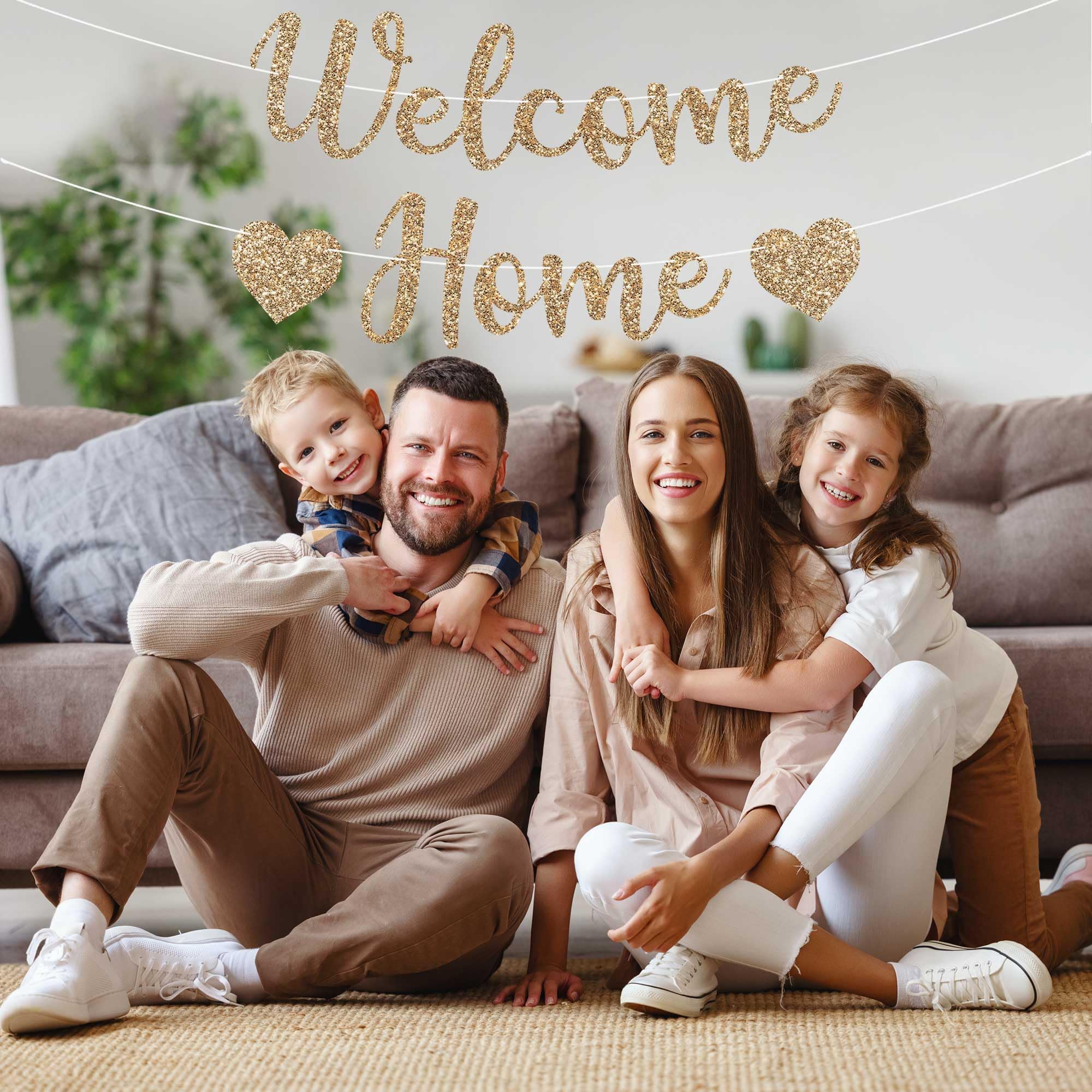 Pre-strung Welcome Home Banner - No DIY - Gold Glitter Script Welcome Home Banner - Pre-strung on 6 ft Strand - Housewarming, Homecoming, & Military Return Party Decorations. Did We Mention No DIY