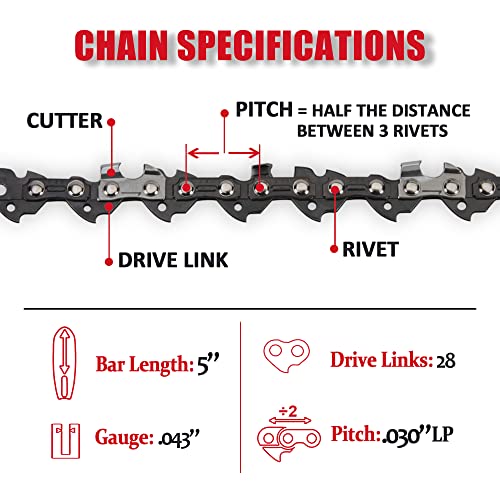 E & S Chainsaw Bar & Chain Combo 5 Inch .043" Gauge .030" Pitch 28 Drive Links, Semi Chisel 5 Inch Chainsaw Chain for Worx WG324E WG324E.9 Model