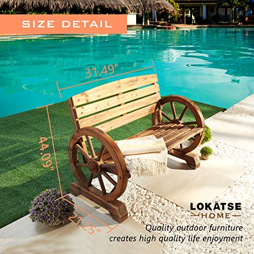 LOKATSE HOME Wooden Wagon Wheel Bench 2-Person Outdoor Rustic Chair Country Yard with Backrest, Burnt-Finished