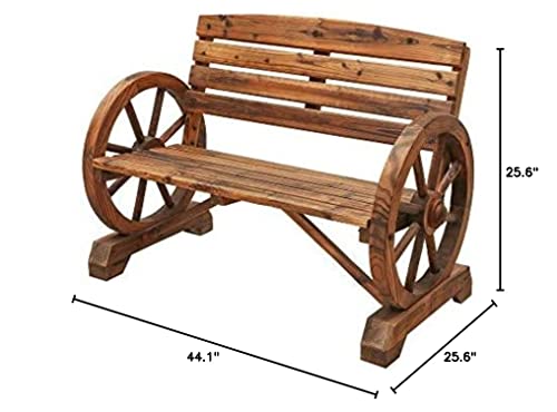 LOKATSE HOME Wooden Wagon Wheel Bench 2-Person Outdoor Rustic Chair Country Yard with Backrest, Burnt-Finished