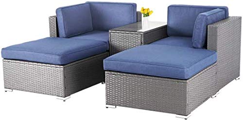 SOLAURA 5-Piece Outdoor Patio Furniture Set, PE Rattan Wicker Chair Sectional Sofa Set with YKK Zipper and Glass Coffee Table - Navy Blue