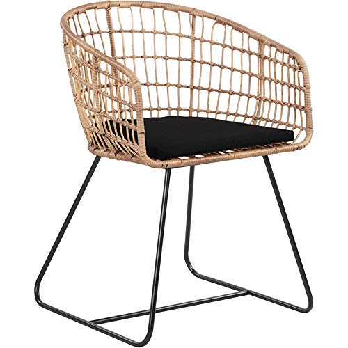 Tommy Hilfiger Graham Rattan Dining Chair, Woven Wicker Armchair with Seat Cushion Black Durable Metal Legs, Boho Modern Accent Lounge Furniture, Natural