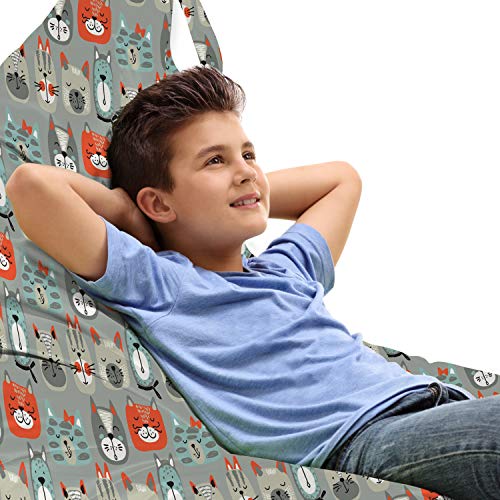 Ambesonne Cartoon Lounger Chair Bag, Animals Theme Hand Drawn Various Type Cat Faces Expressions on Gray Background, High Capacity Storage with Handle Container, Lounger Size, Multicolor