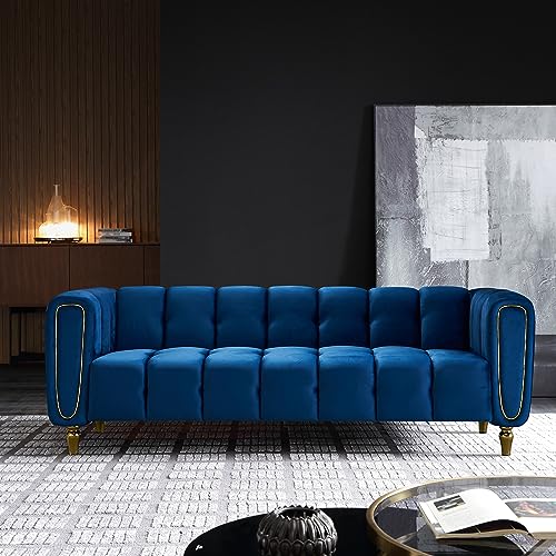 Melpomene 83.07" Mid-Century Modern Channel Tufted Sofa for Living Room, Upholstered Chesterfield Velvet Sofa Couch with Adjustable Metal Leg,Blue