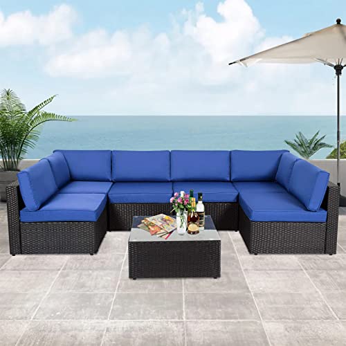 Peach Tree Outdoor Furniture All-Weather Sectional Wicker Sofa Set 7 PCs Patio Rattan Clearance with Washable Cushions and Coffee Table, Backyard, Pool