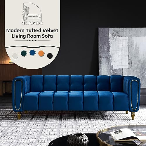 Melpomene 83.07" Mid-Century Modern Channel Tufted Sofa for Living Room, Upholstered Chesterfield Velvet Sofa Couch with Adjustable Metal Leg,Blue