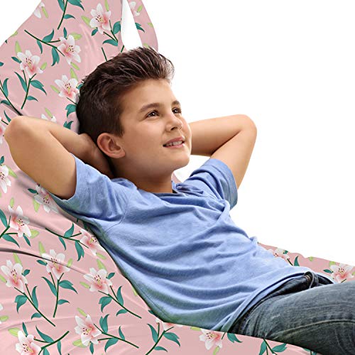 Ambesonne Romantic Lounger Chair Bag, Madonna Lily Blossoms Lilium Bouquets Pastel Winter Branches Pattern, High Capacity Storage with Handle Container, Lounger Size, Teal Pale Pink and Green