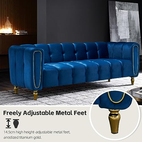 Melpomene 83.07" Mid-Century Modern Channel Tufted Sofa for Living Room, Upholstered Chesterfield Velvet Sofa Couch with Adjustable Metal Leg,Blue