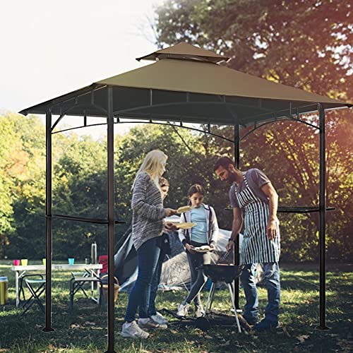 CoastShade 8 x 5 Grill BBQ Gazebo Double Tiered Replacement Canopy Roof Outdoor Barbecue Gazebo Tent Roof Top (Khaki)