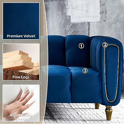 Melpomene 83.07" Mid-Century Modern Channel Tufted Sofa for Living Room, Upholstered Chesterfield Velvet Sofa Couch with Adjustable Metal Leg,Blue